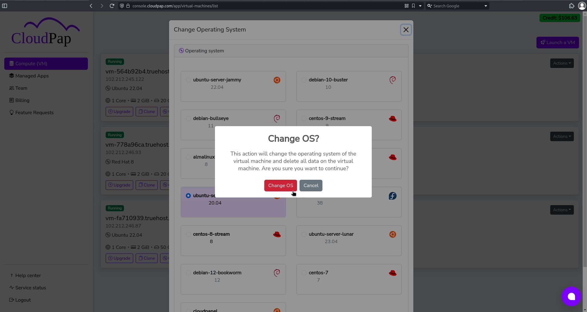 How to Change OS on CloudPap – CloudPap - Simple Cloud for Developers